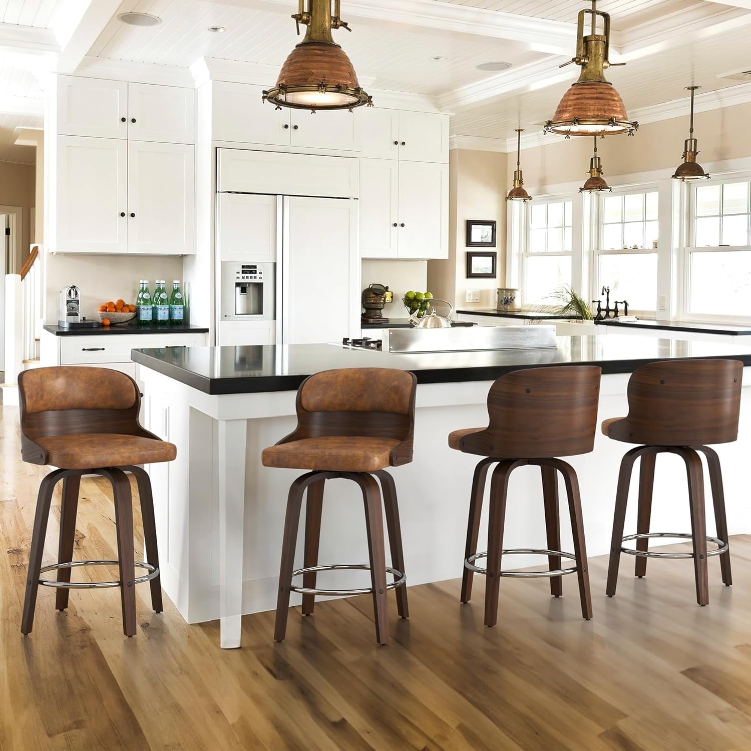 Dycanpo 26” Leather Adjustable Bar Stools, Swivel Wood Counter Height ...
