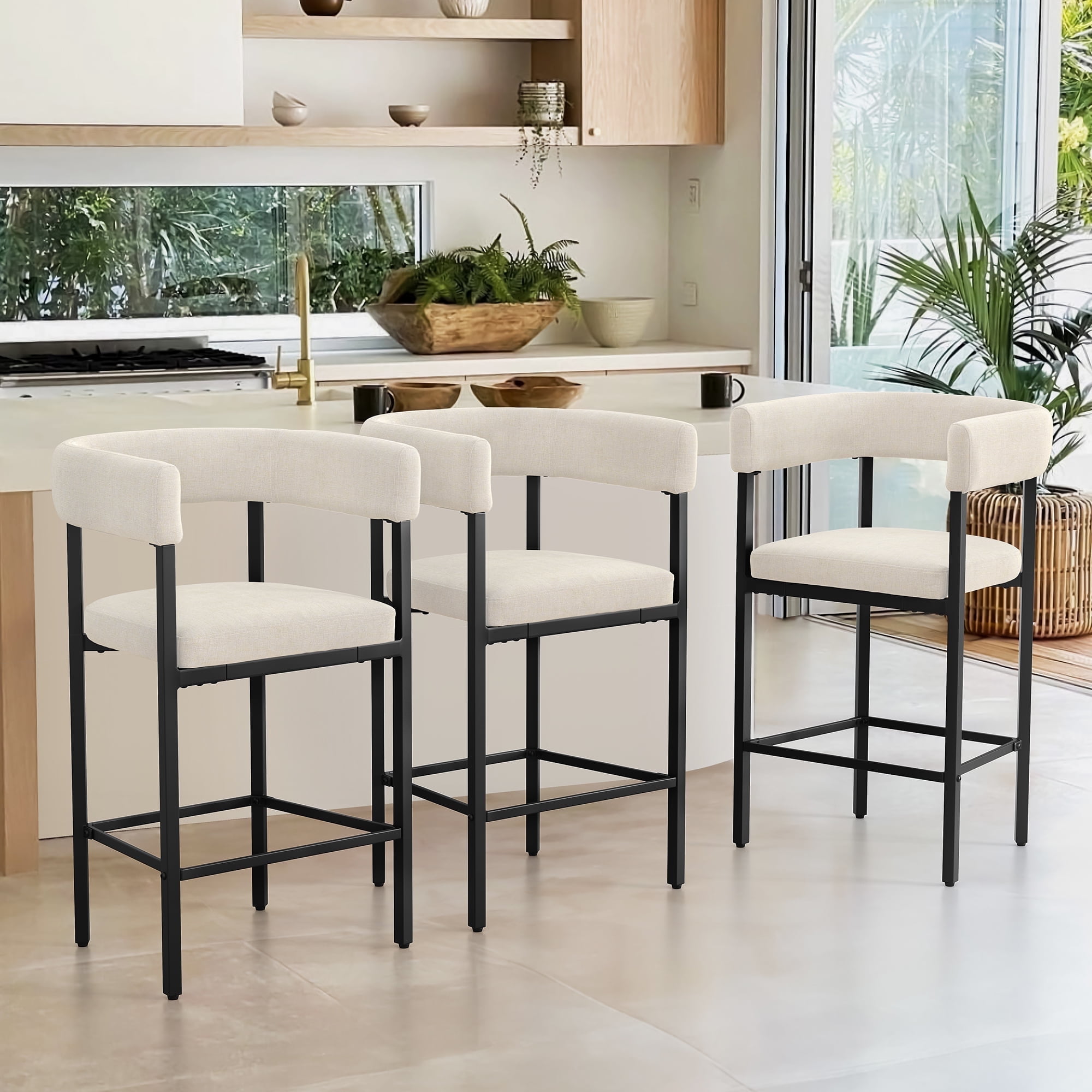 Dycanpo 26'' Barrel Bar Stools Set of 3 with Linen Fabric Curved ...