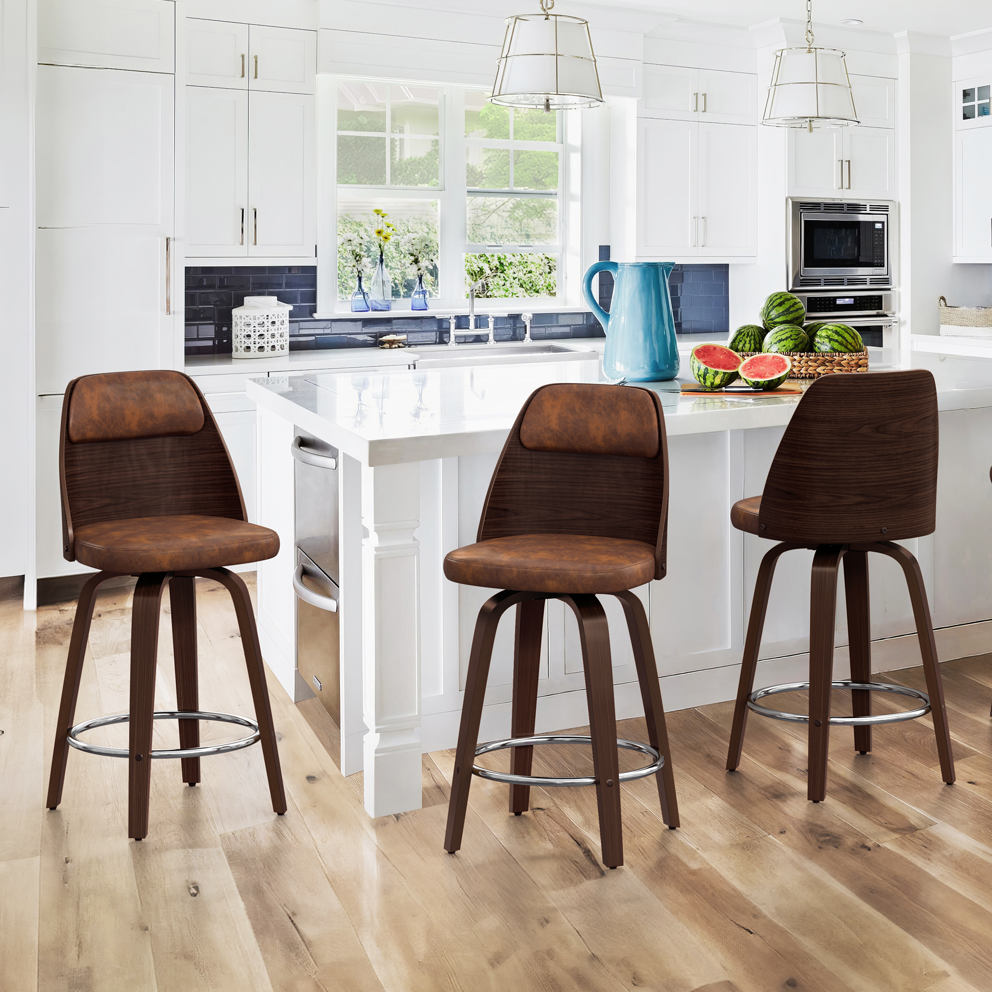 TMS Avery Bar Stool with Swivel & Adjustable Height, Brown, Set of 3 ...