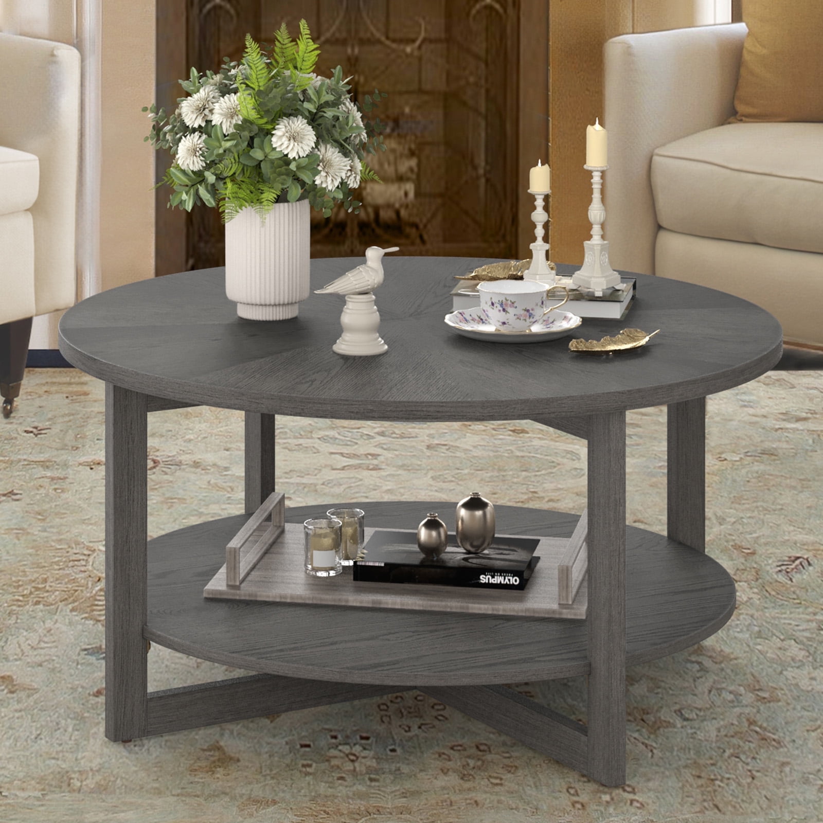 Dycanpo 35'' Wood Round Coffee Table with Storage for Living Room,Dark ...