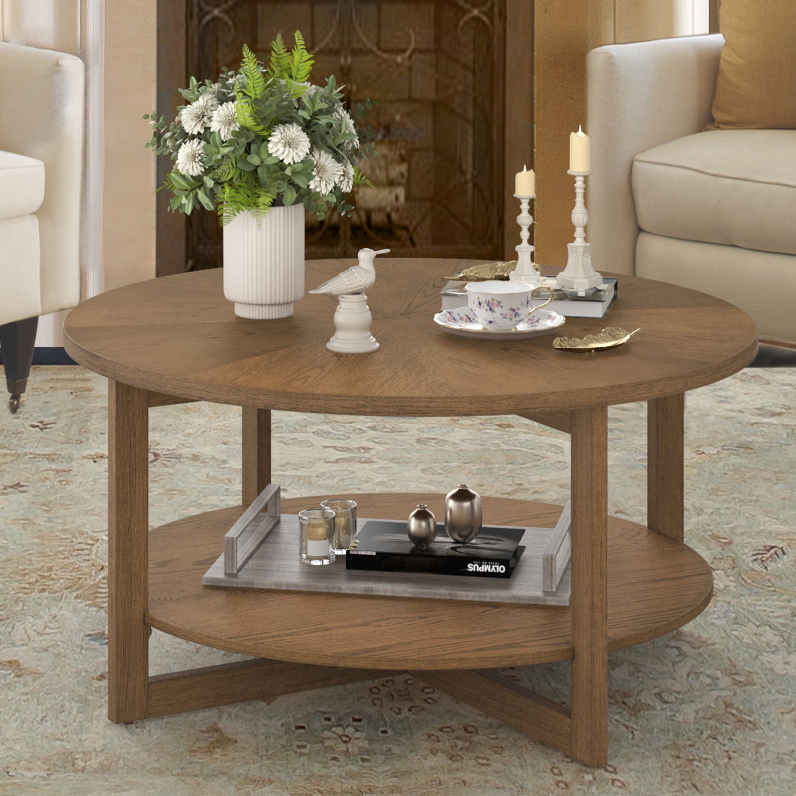 Dycanpo 35'' Wood Round Coffee Table with Storage for Living Room,Dark ...