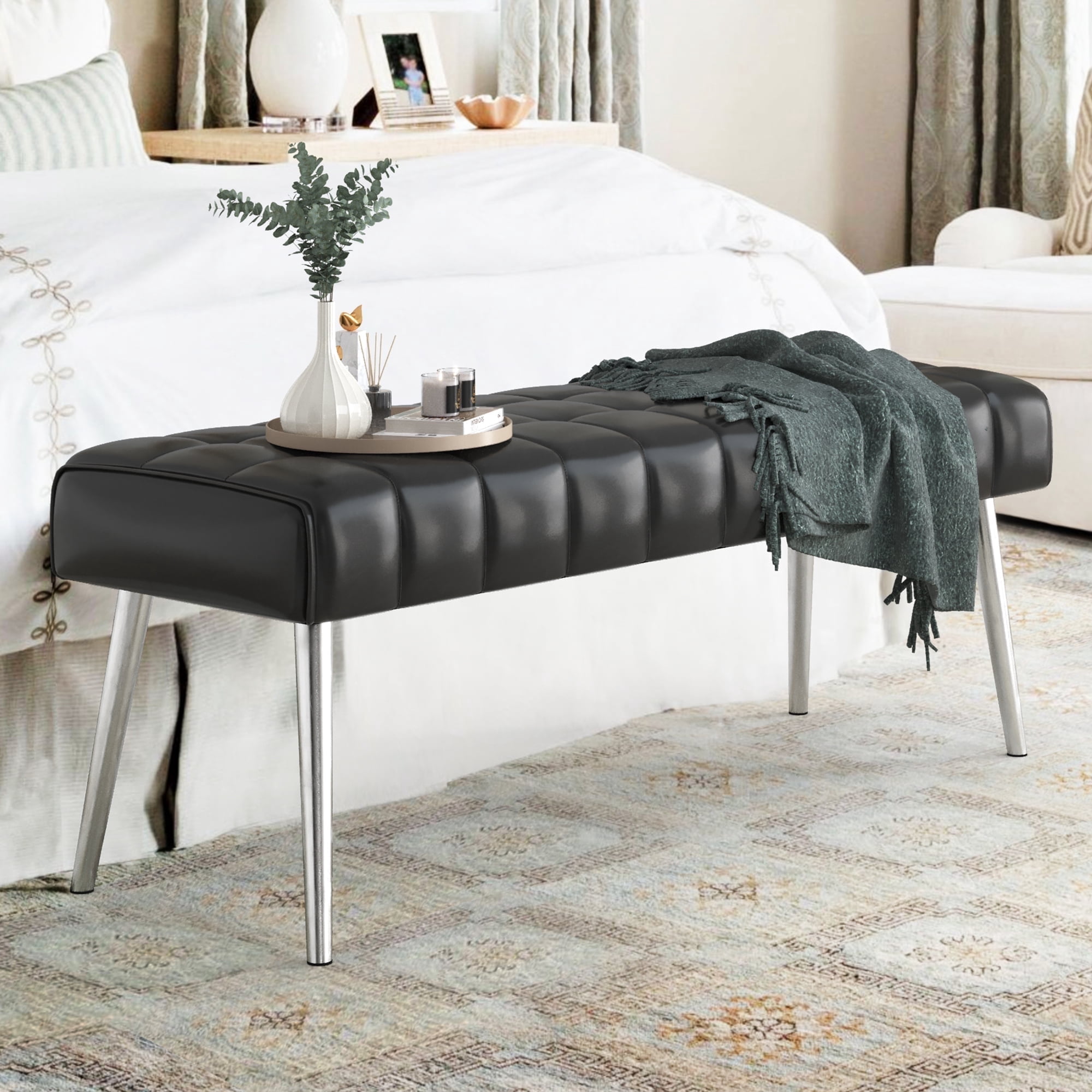 Dycanpo 44.5”Bedroom Bench, Faux Leather Modern Bench with Metal Legs ...