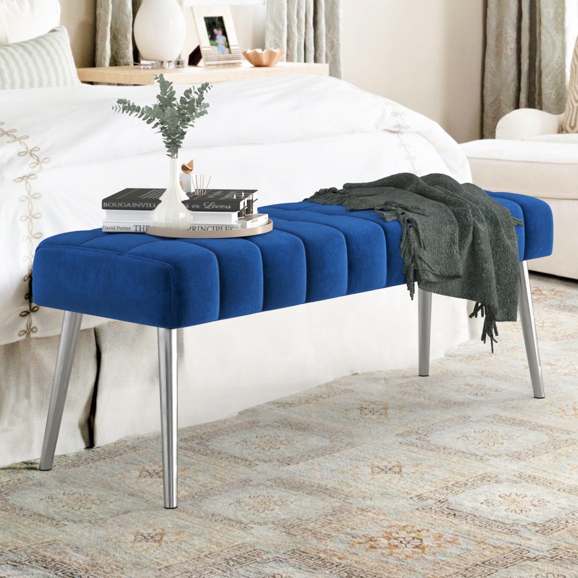 Dycanpo 44.5”Bedroom Bench, Velvet Modern Bench with Metal Legs, Royal ...