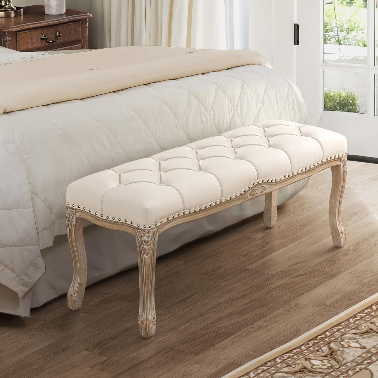 Dycanpo 45.2'' Bedroom Bench Seat Beige Linen, French Upholstered ...