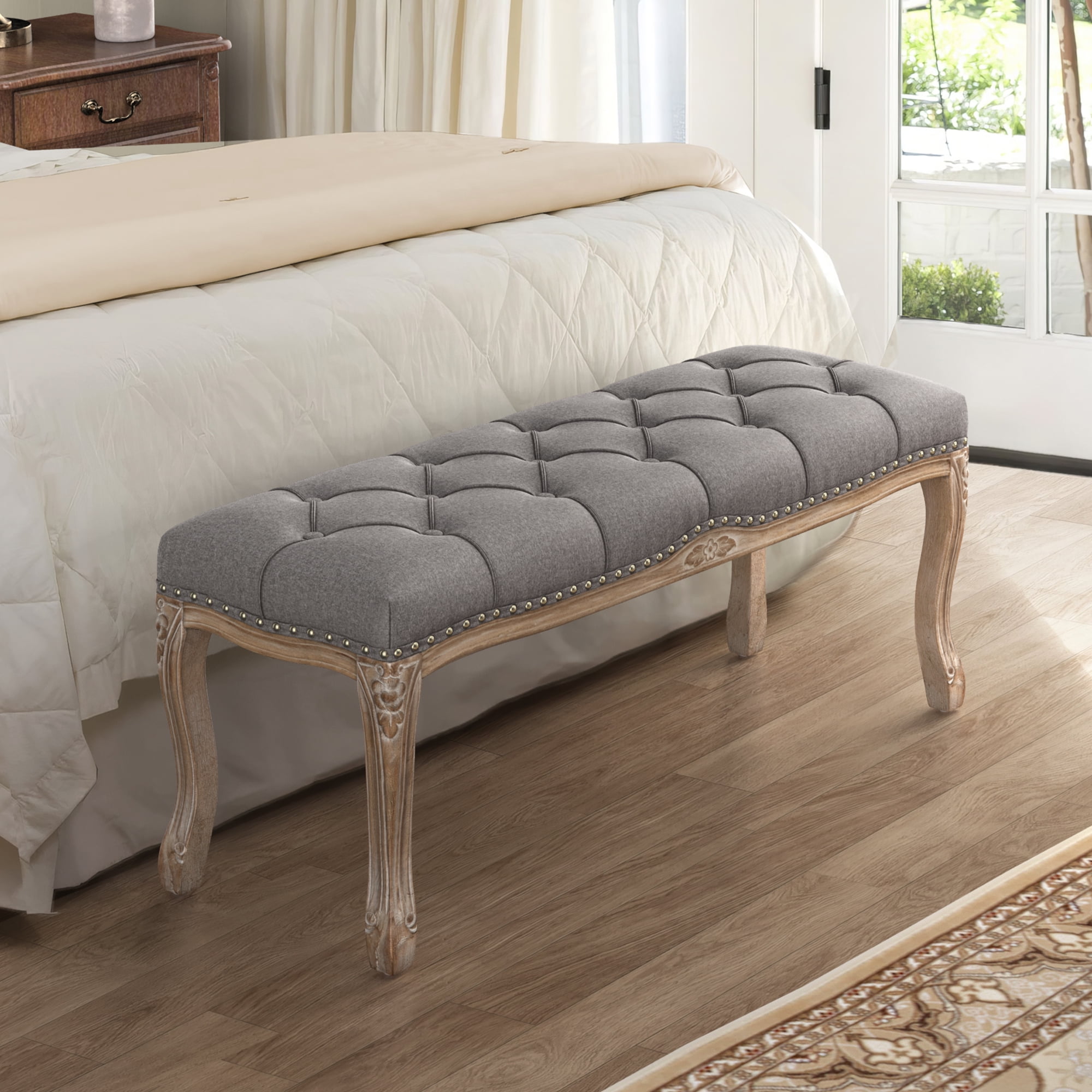 Dycanpo 45.2'' Bedroom Bench Seat Gray Linen, French Upholstered ...