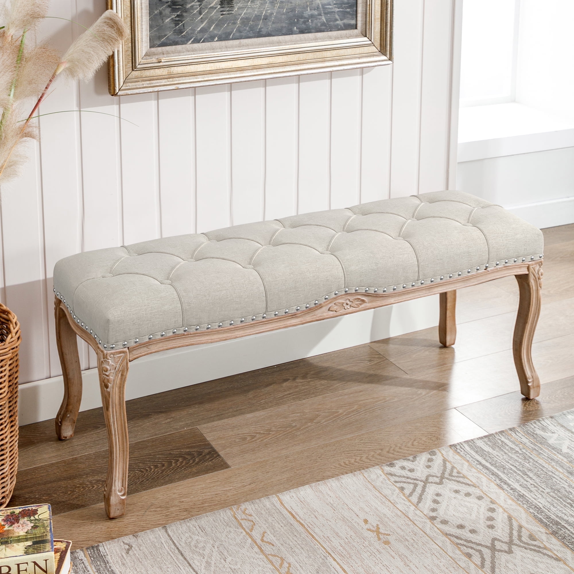 Dycanpo 45.2'' Bedroom Bench Seat Light Gray Linen, French Upholstered ...