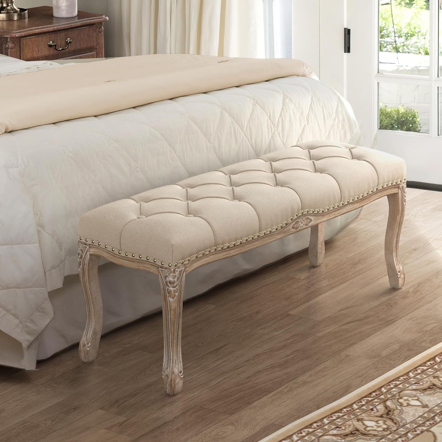 Dycanpo 45.2'' Bedroom Bench Seat Linen French Upholstered Ottoman ...