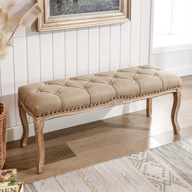 Dycanpo 45.2'' Bedroom Bench Seat Wheat Linen, French Upholstered ...
