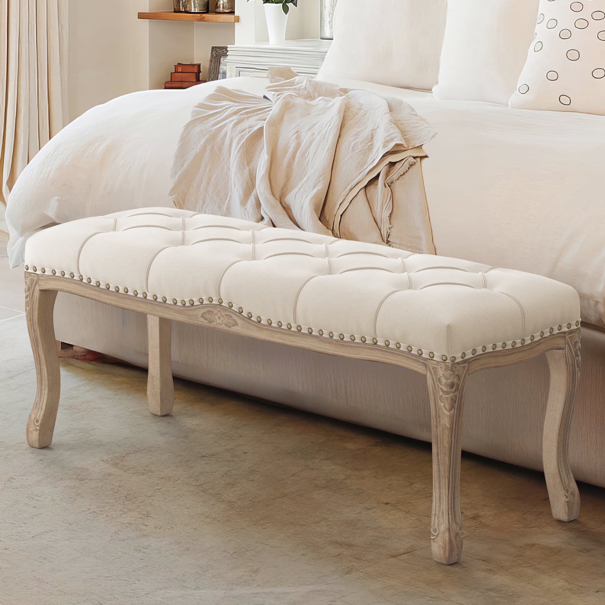 Dycanpo 45.2"L x 18.3"H French Bedroom Bench Seat Linen Upholstered, Beige - Walmart.com