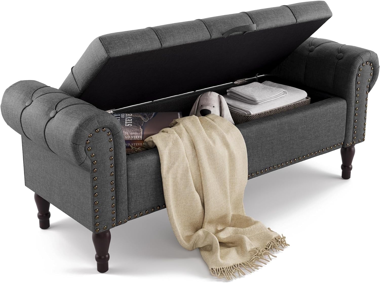 Dycanpo 50" Storage Bench with Arms, Linen Upholstered Ottoman Bench ...