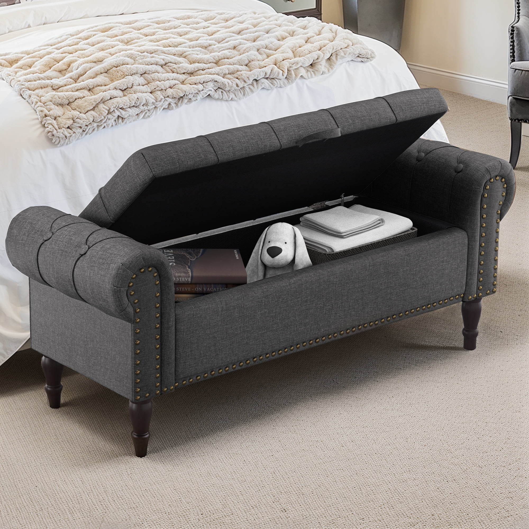 Dycanpo 50" Storage Bench with Arms, Linen Upholstered Ottoman Bench ...