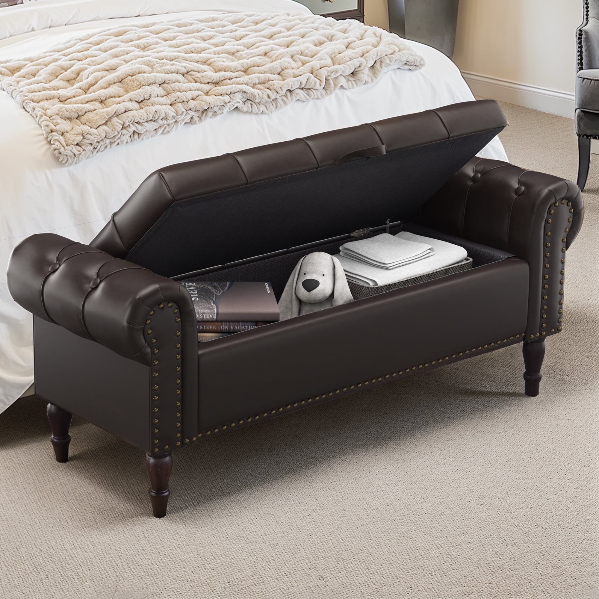 Dycanpo 50in Storage Bench with Arms, Faux Leather Upholstered Ottoman ...