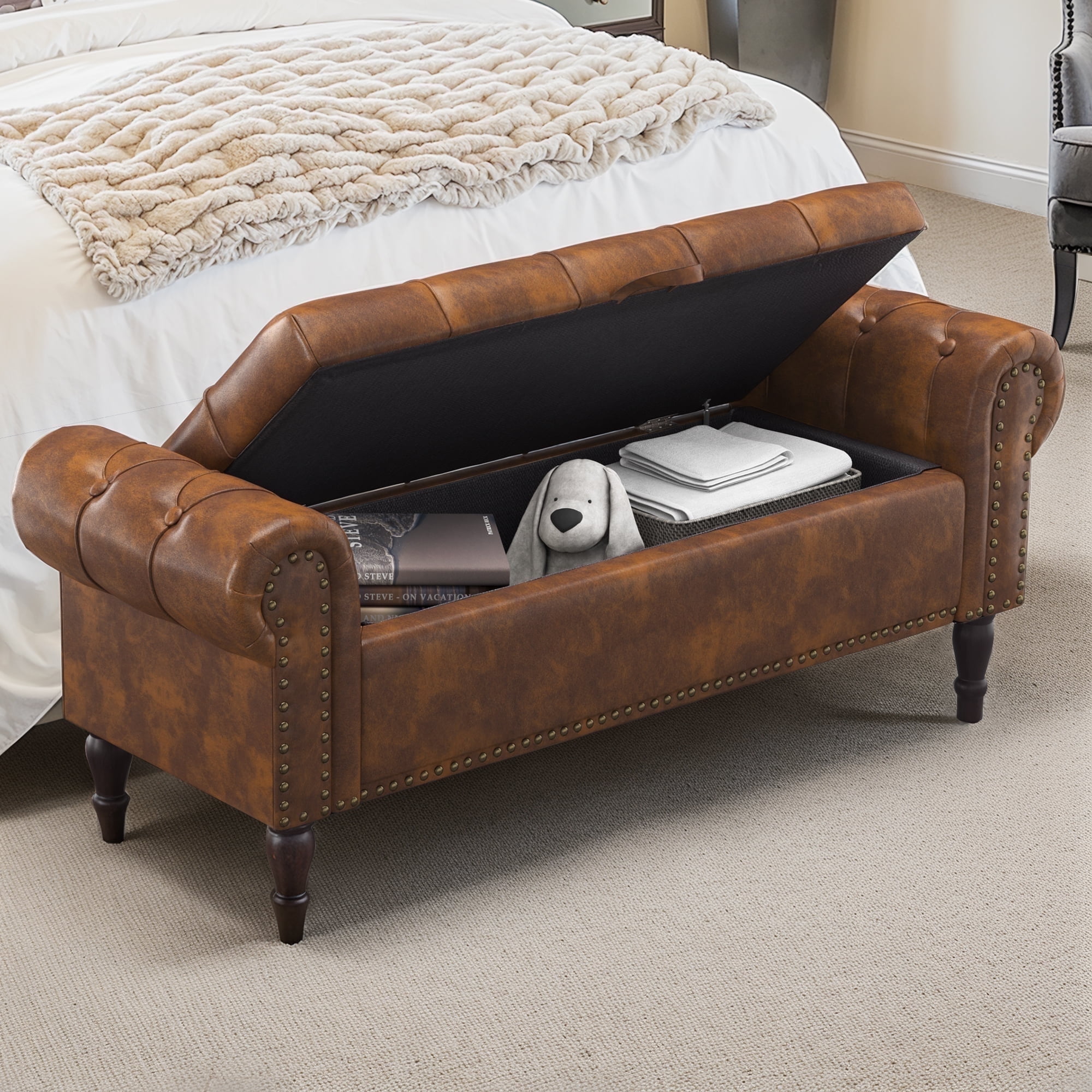 Dycanpo 50in Storage Bench with Arms, Faux Leather Upholstered Ottoman ...