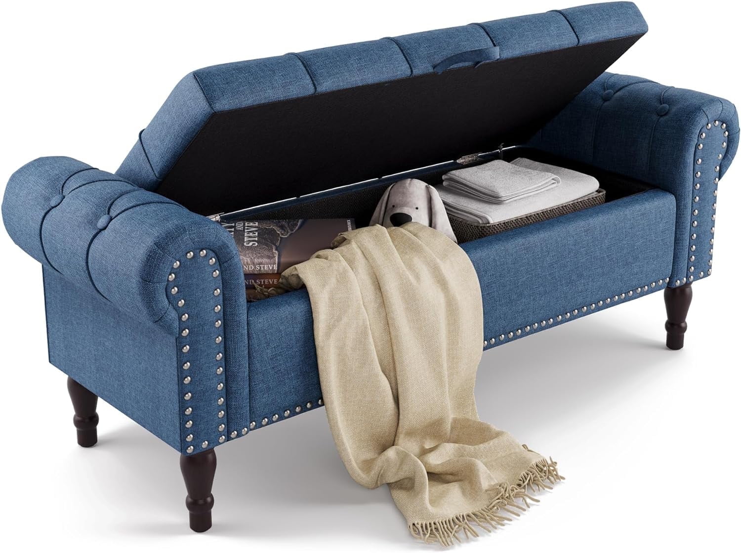 Noble House Amanda Dark Blue Fabric Armed Storage Bench - Walmart.com