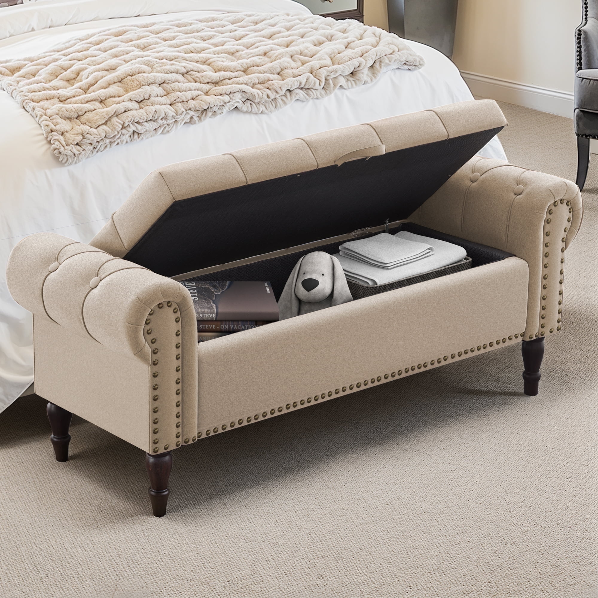 Dycanpo 50in Storage Bench with Arms, Linen Upholstered Ottoman Bench ...