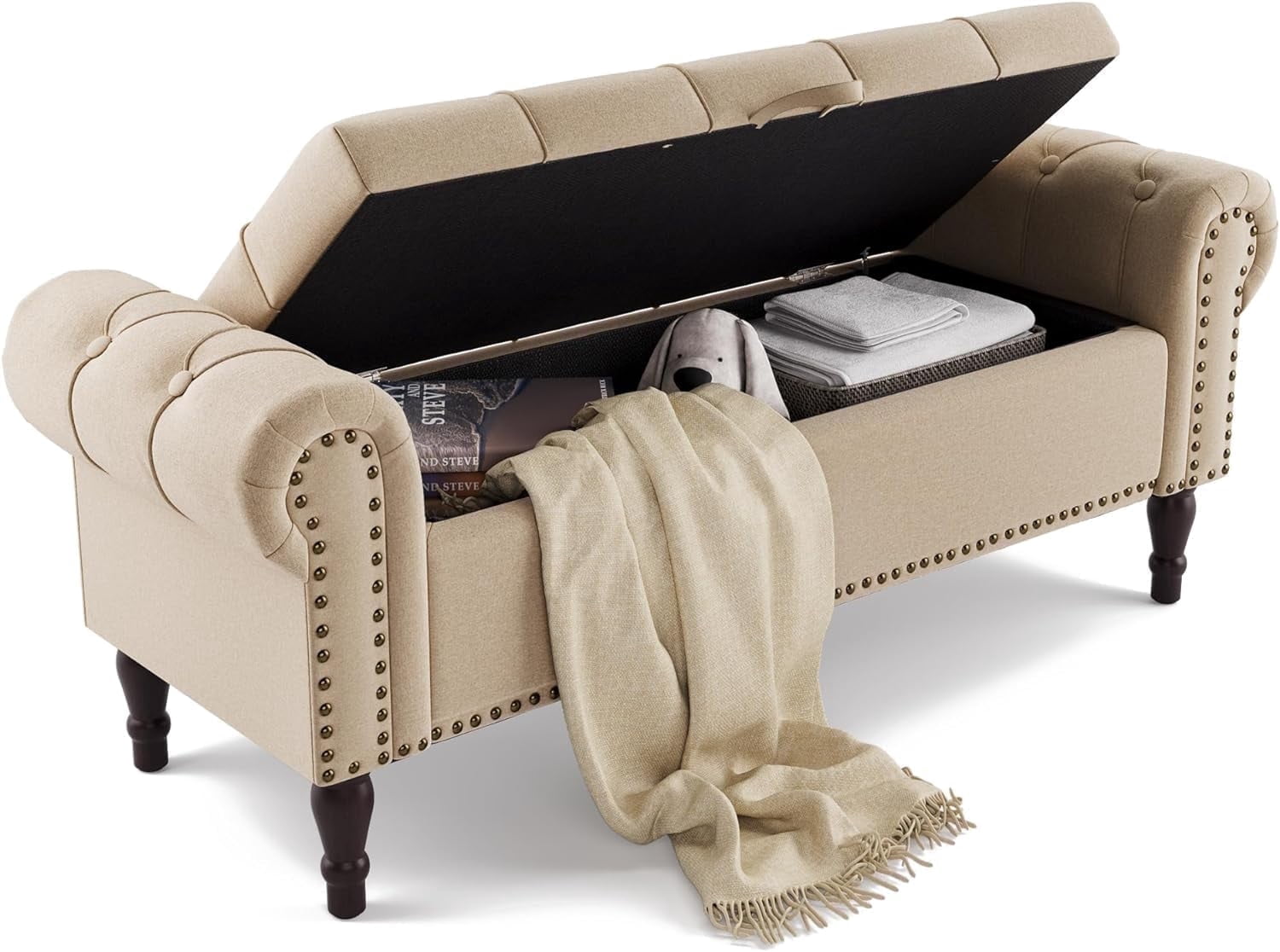 Dycanpo 50in Storage Bench, Wheat Color, Rolled Arm, Nailhead Trim ...