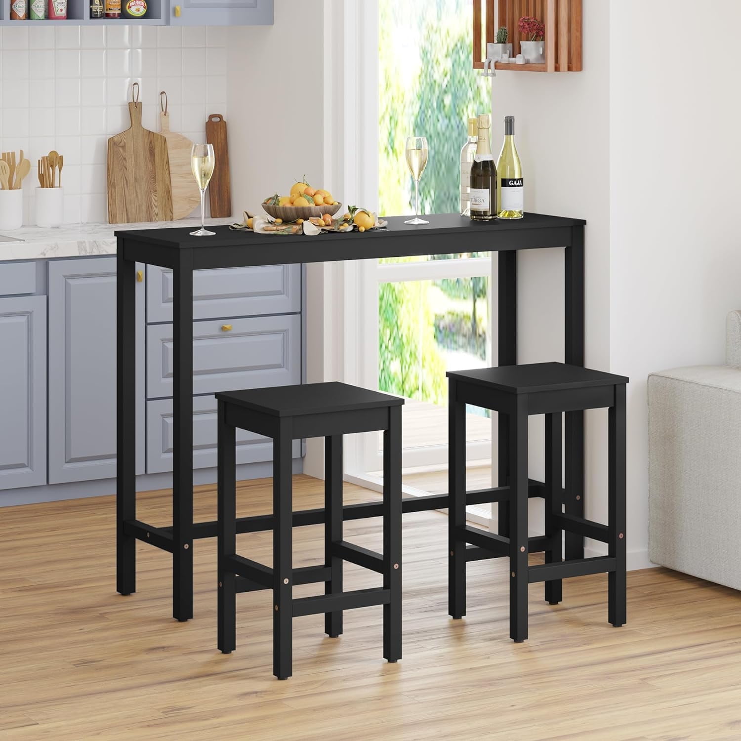 Dycanpo 53" Acacia Wood Black Bar Table - Rectangular Counter Height ...