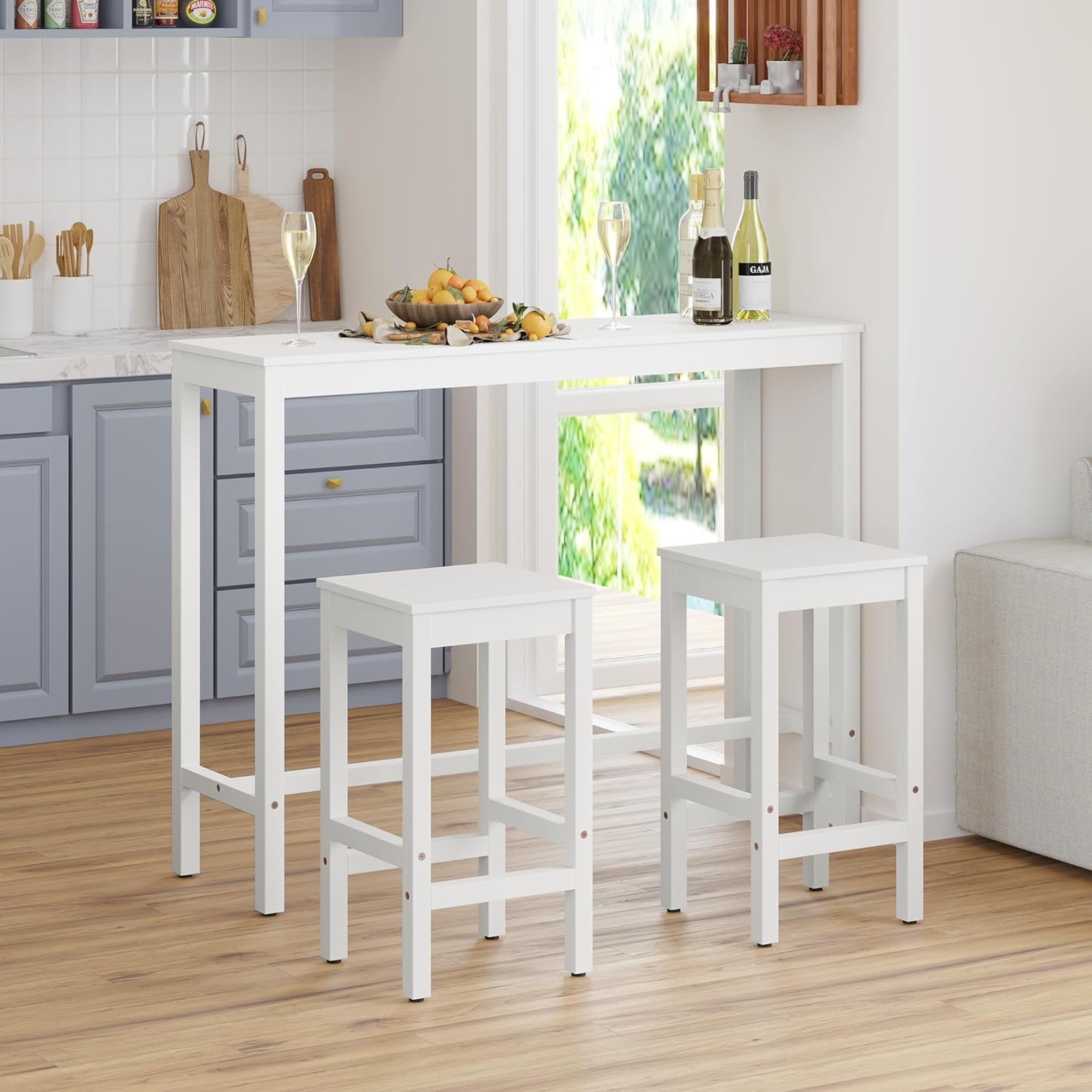Dycanpo 53" Acacia Wood White Bar Table - Rectangular Counter Height ...