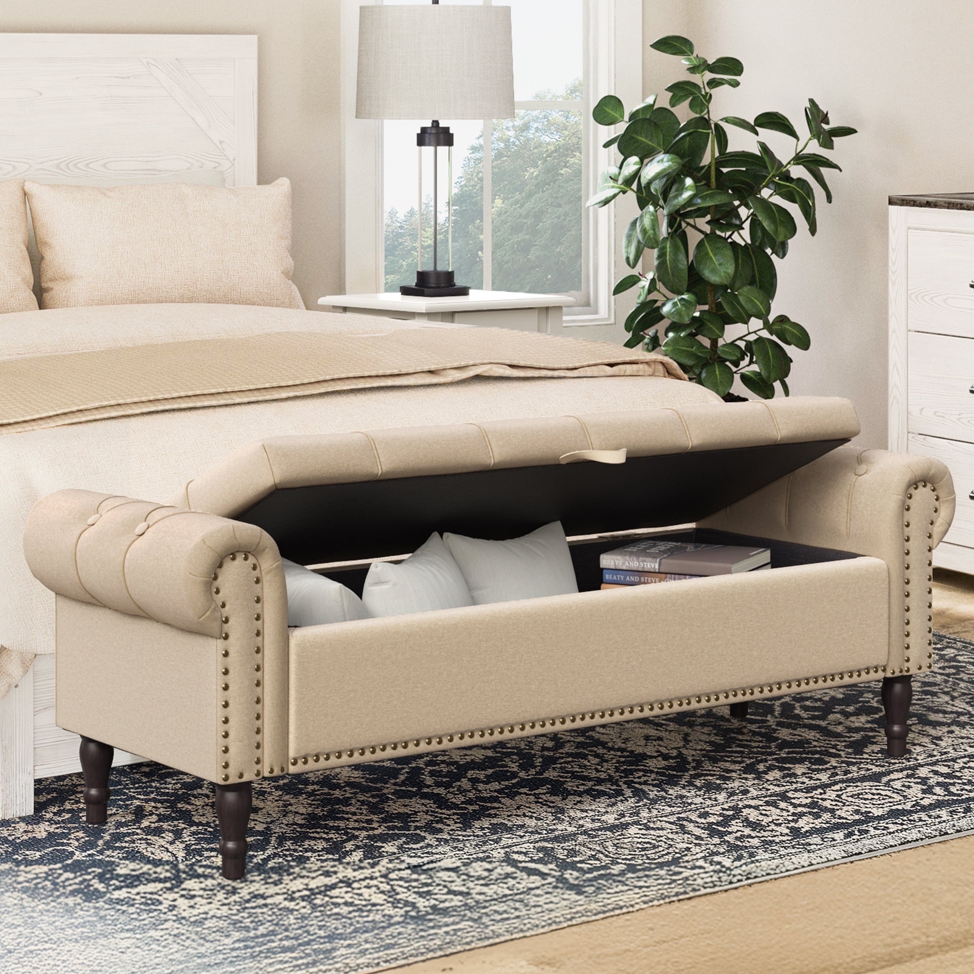 Dycanpo 62" Storage Ottoman Bench with Arms, Linen Upholstered, End of ...