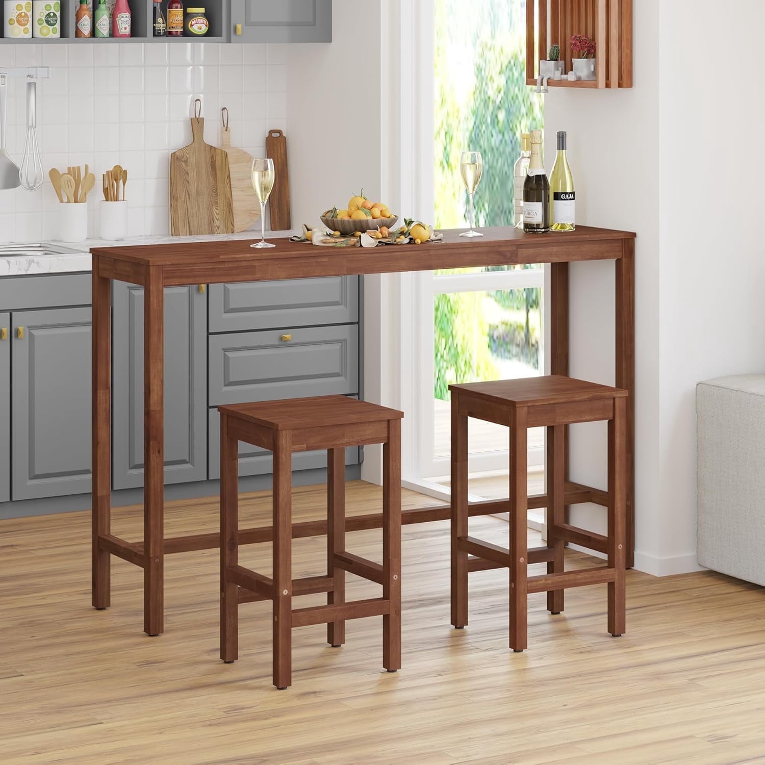 Dycanpo 63" Acacia Wood Teak Brown Bar Table - Rectangular Counter ...