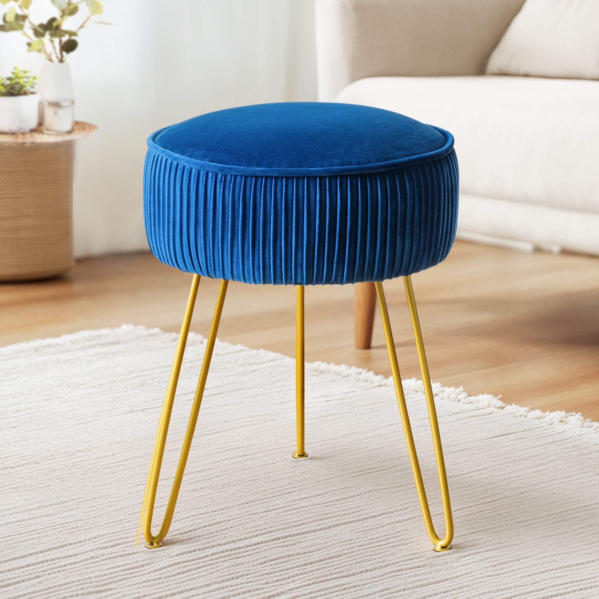 Dycanpo Blue Vanity Stool Vanity Chair with Velvet Upholstered, Metal ...