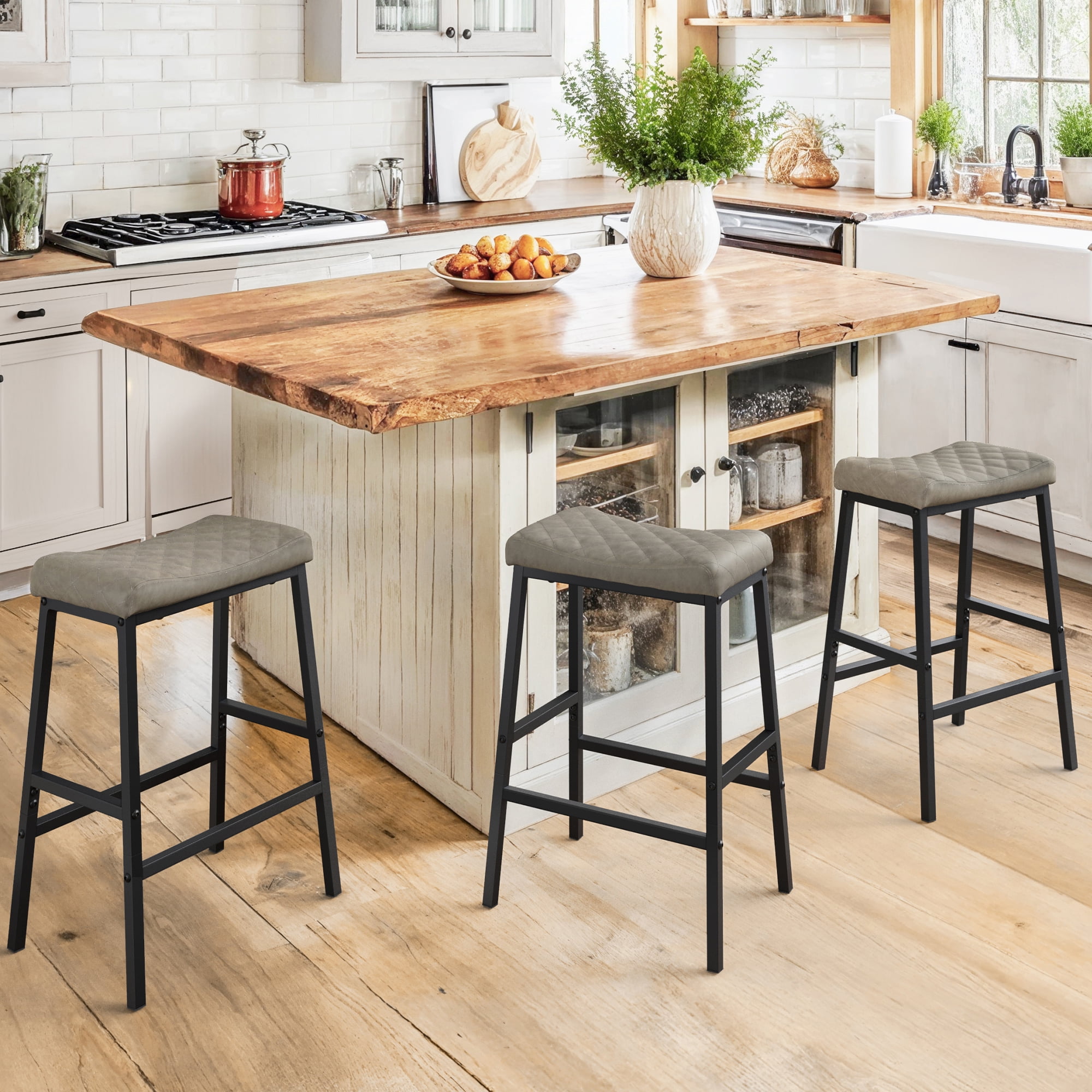 Dycanpo Counter Height Bar Stools, Set of 3 PU Leather Saddle Seat ...