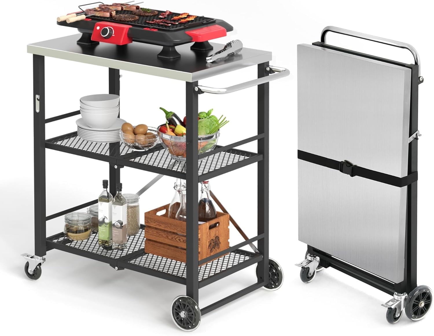 DYCANPO Foldable Outdoor Grill Cart, Portable BBQ Station, 3 Tiers ...
