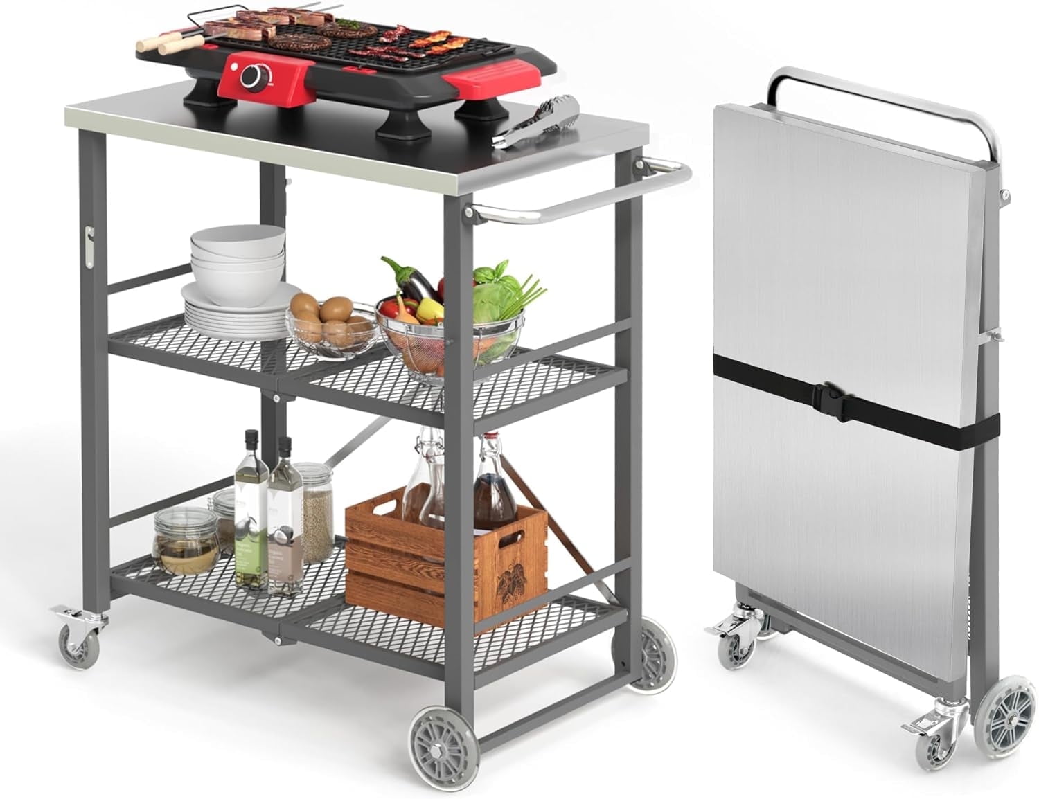 Dycanpo Portable BBQ Prep Station, Foldable Outdoor Grill Cart with ...