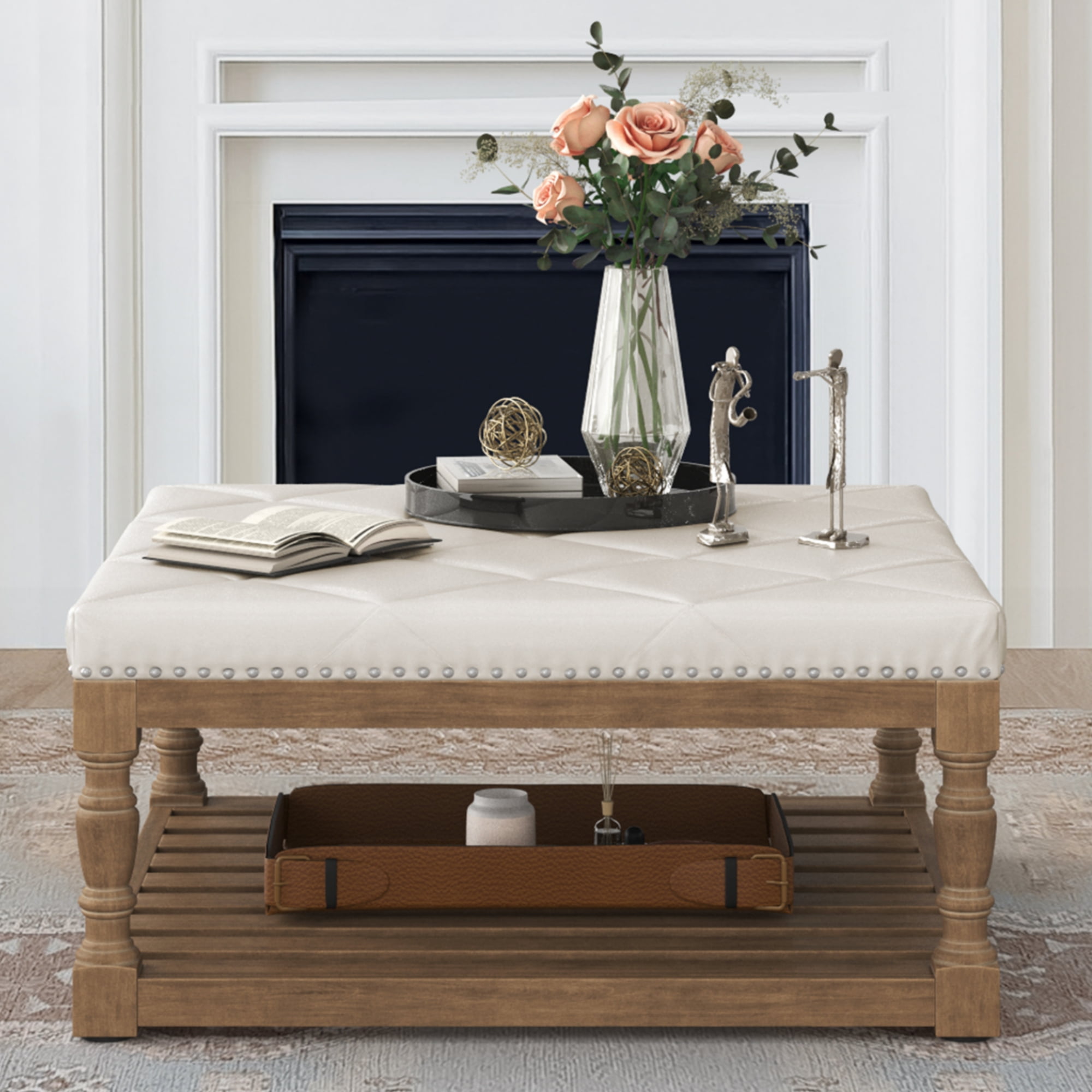 Dycanpo Ottoman Coffee Table, 34”Faux Leather Upholstered Tufted Coffee ...