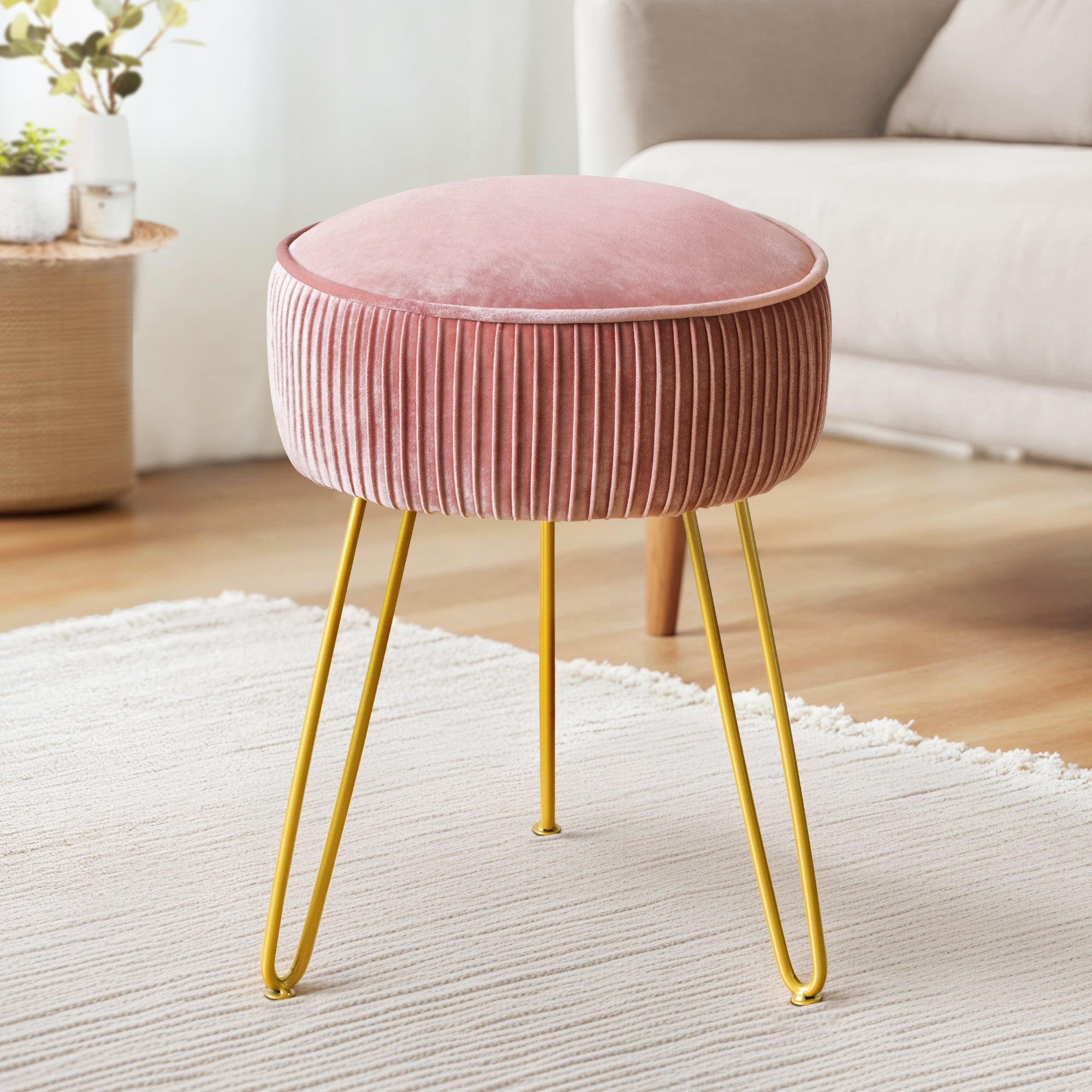 Dycanpo Pink Vanity Stool Vanity Chair with Velvet Upholstered, Metal ...