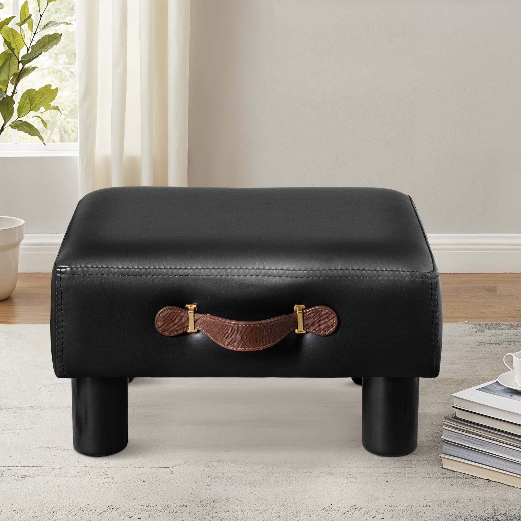 Dycanpo Small Foot Stool with Handle, Modern Faux Leather Padded, for ...