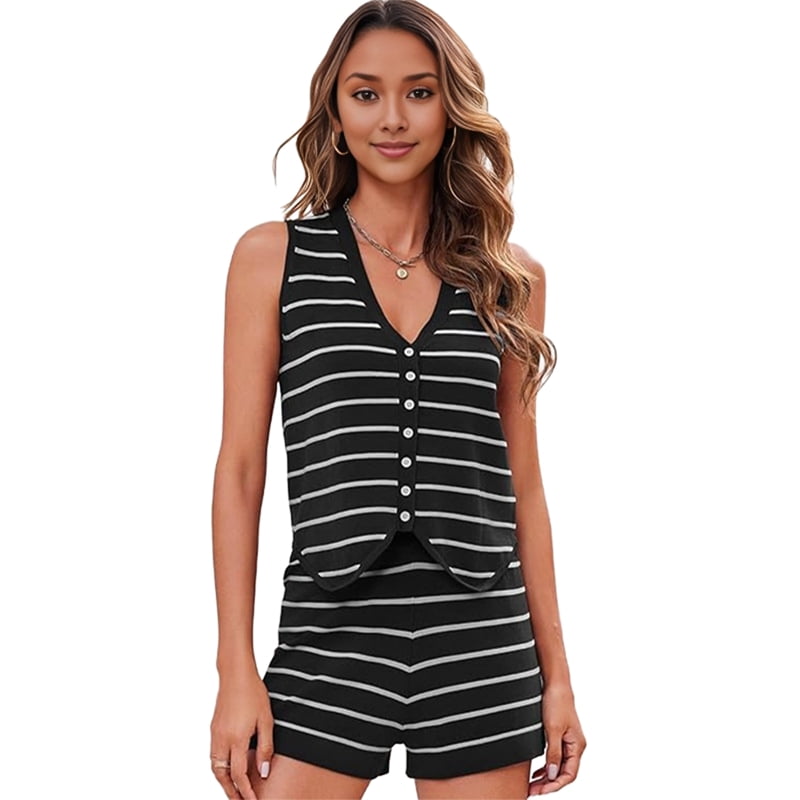 Dycnvjo Women 2 Piece Outfits Summer Knit Striped Matching Set Button ...