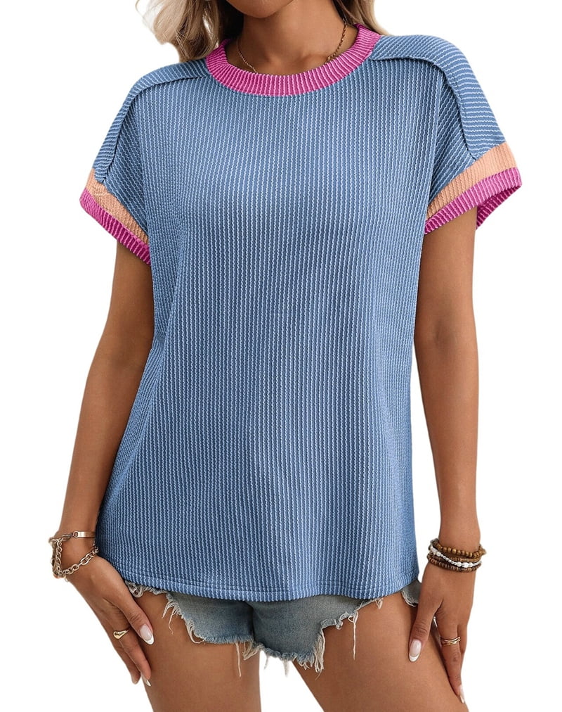 Dycnvjo Women Casual Short Sleeve Crewneck Loose Color Block Ribbed ...