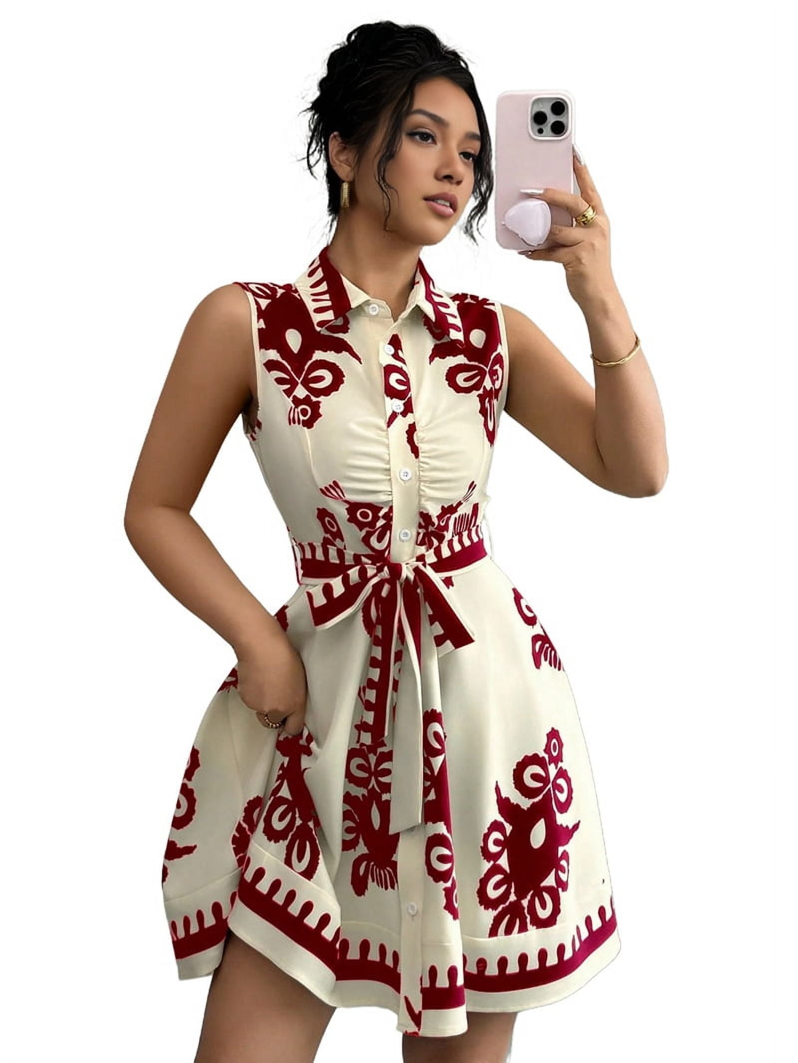 Dycnvjo Women'S 2025 Summer Boho Floral Print Sleeveless Belt Flowy ...