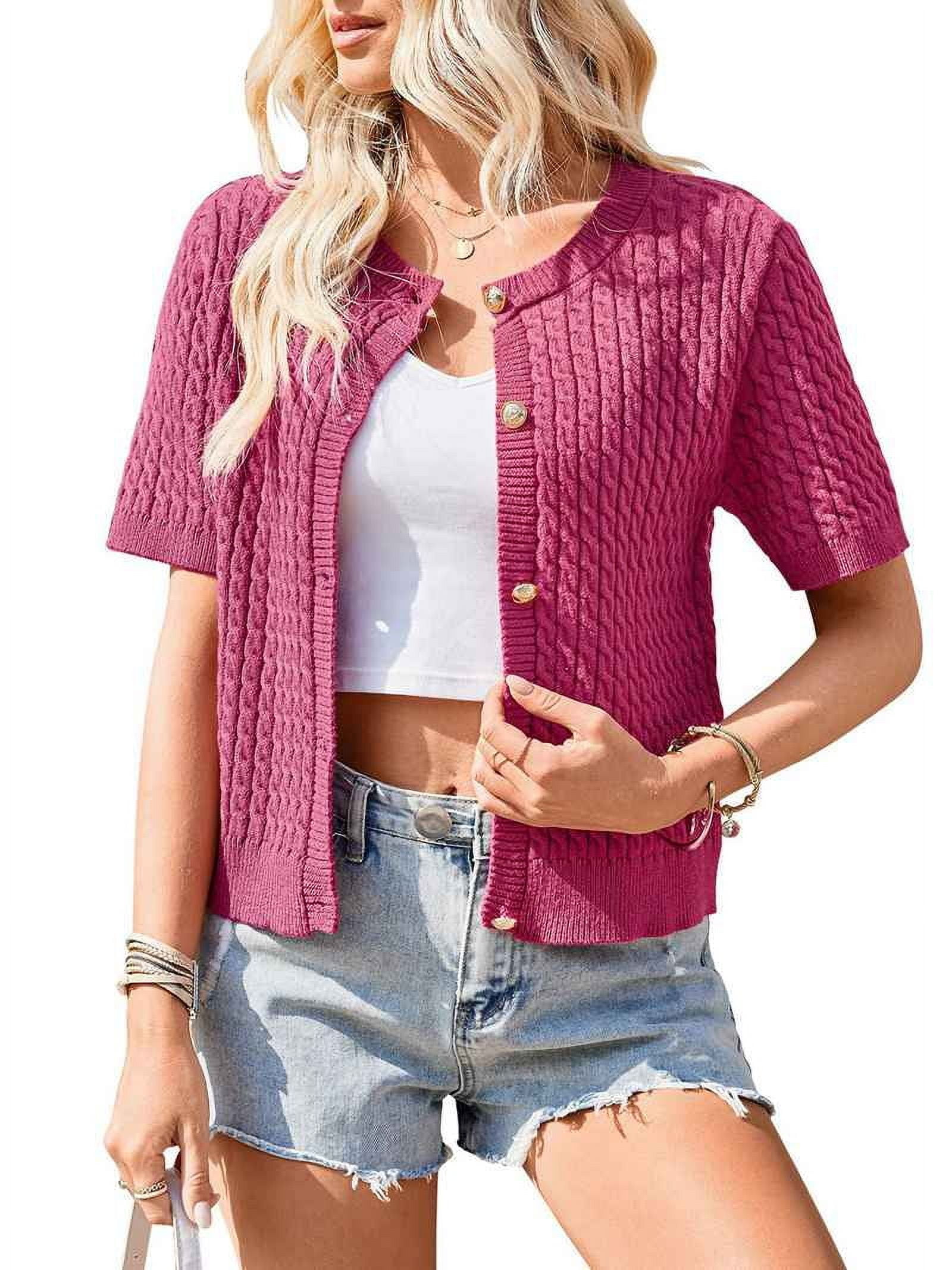 Dycnvjo Womens Summer Short Sleeve Cardigan Cable Knit Cropped Button ...
