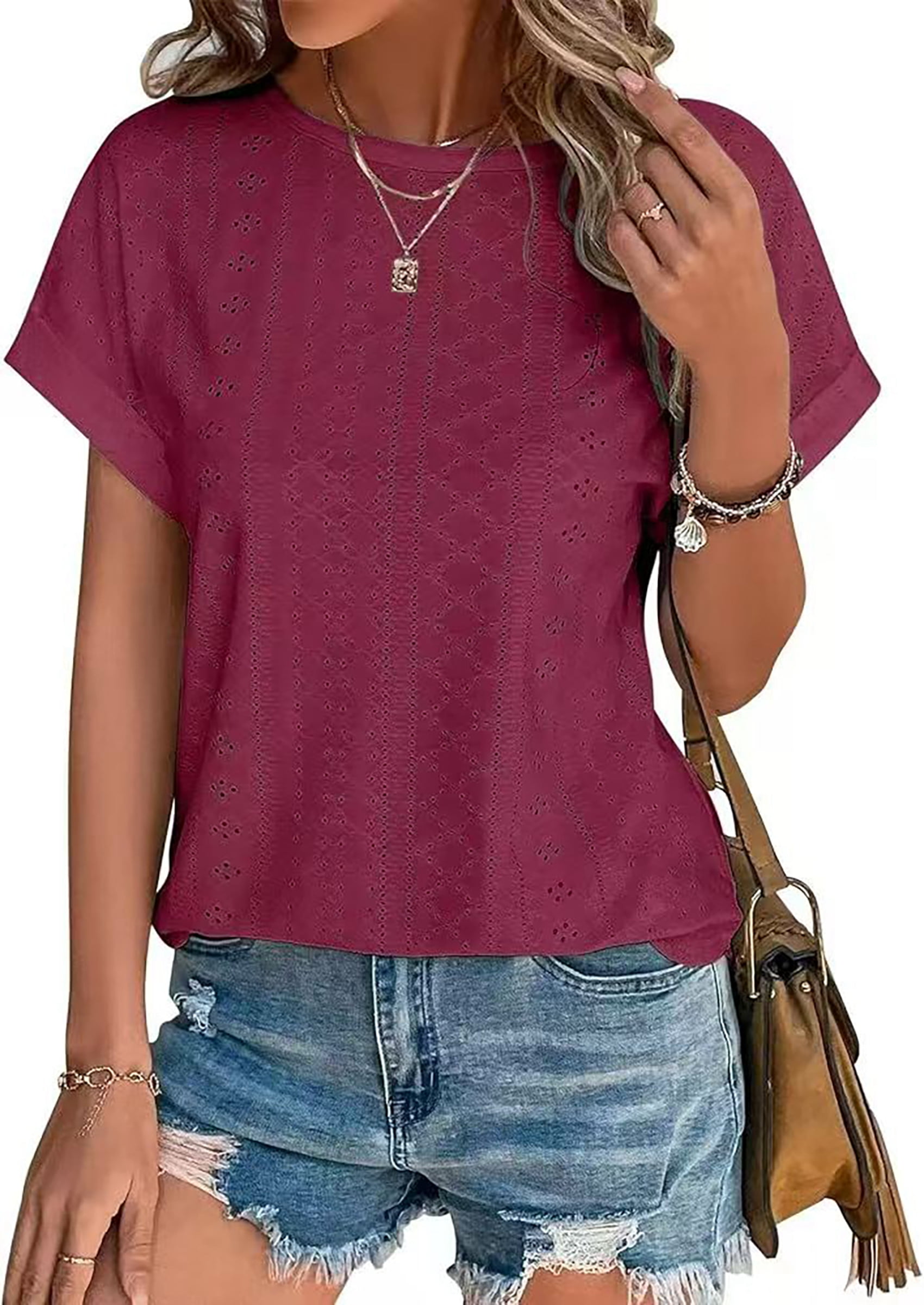 Dycnvjo Womens Tops Eyelet Embroidery Summer Spring Curved Hem 2025 ...