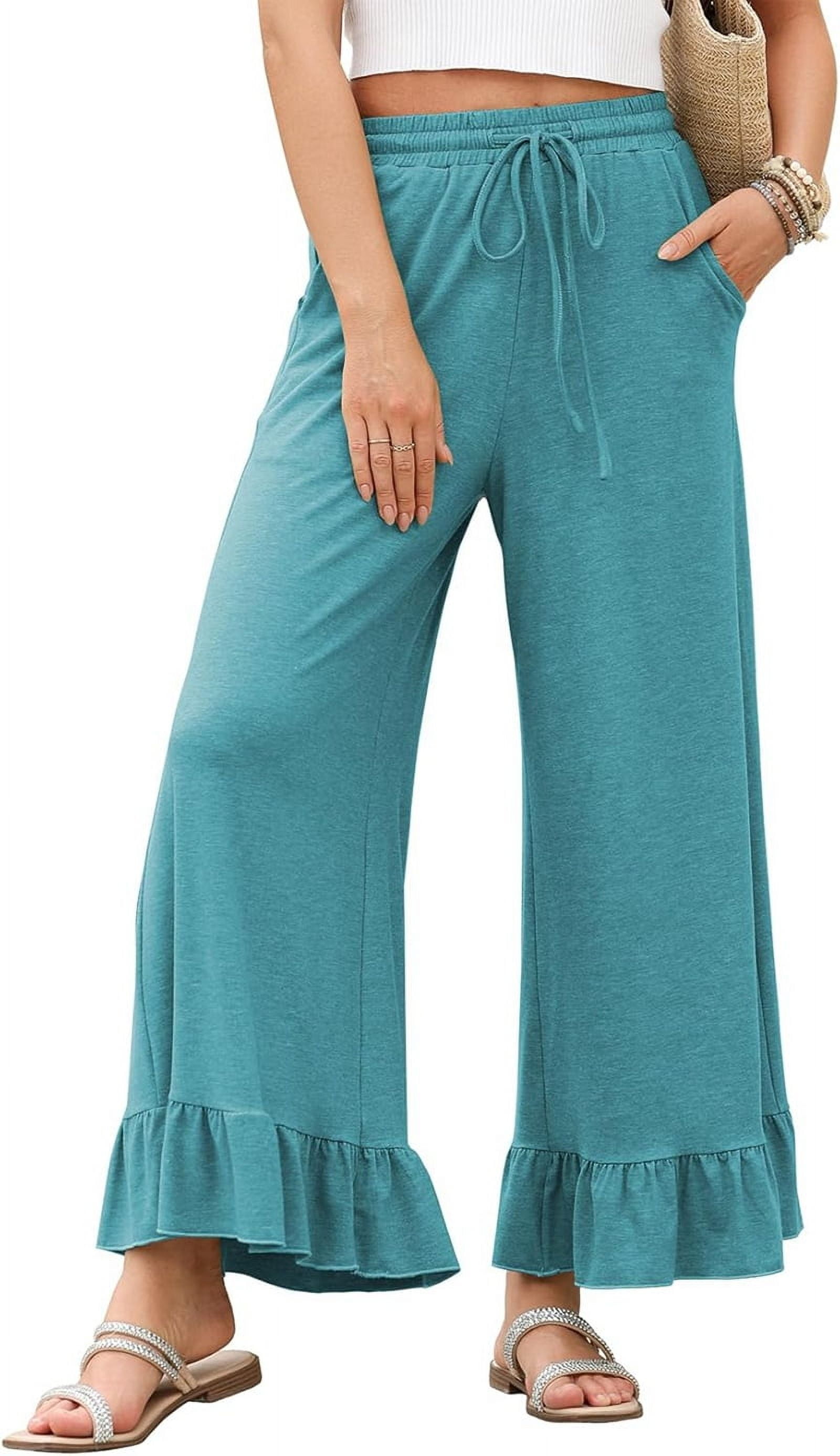 Dycnvjo Womens Wide Leg Pants Drawstring Elastic High Waisted Ruffle ...