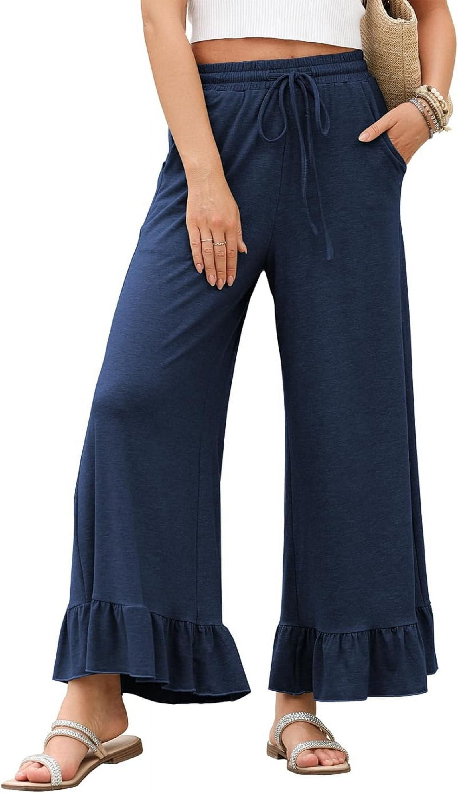 Dycnvjo Womens Wide Leg Pants Drawstring Elastic High Waisted Ruffle ...