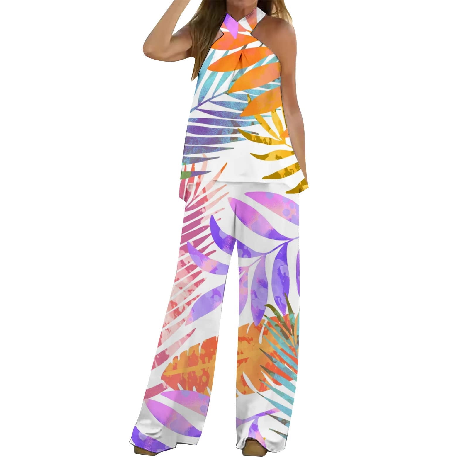 Dyegold 2 Piece Outfits For Women Casual Summer Crossover Halter Neck ...