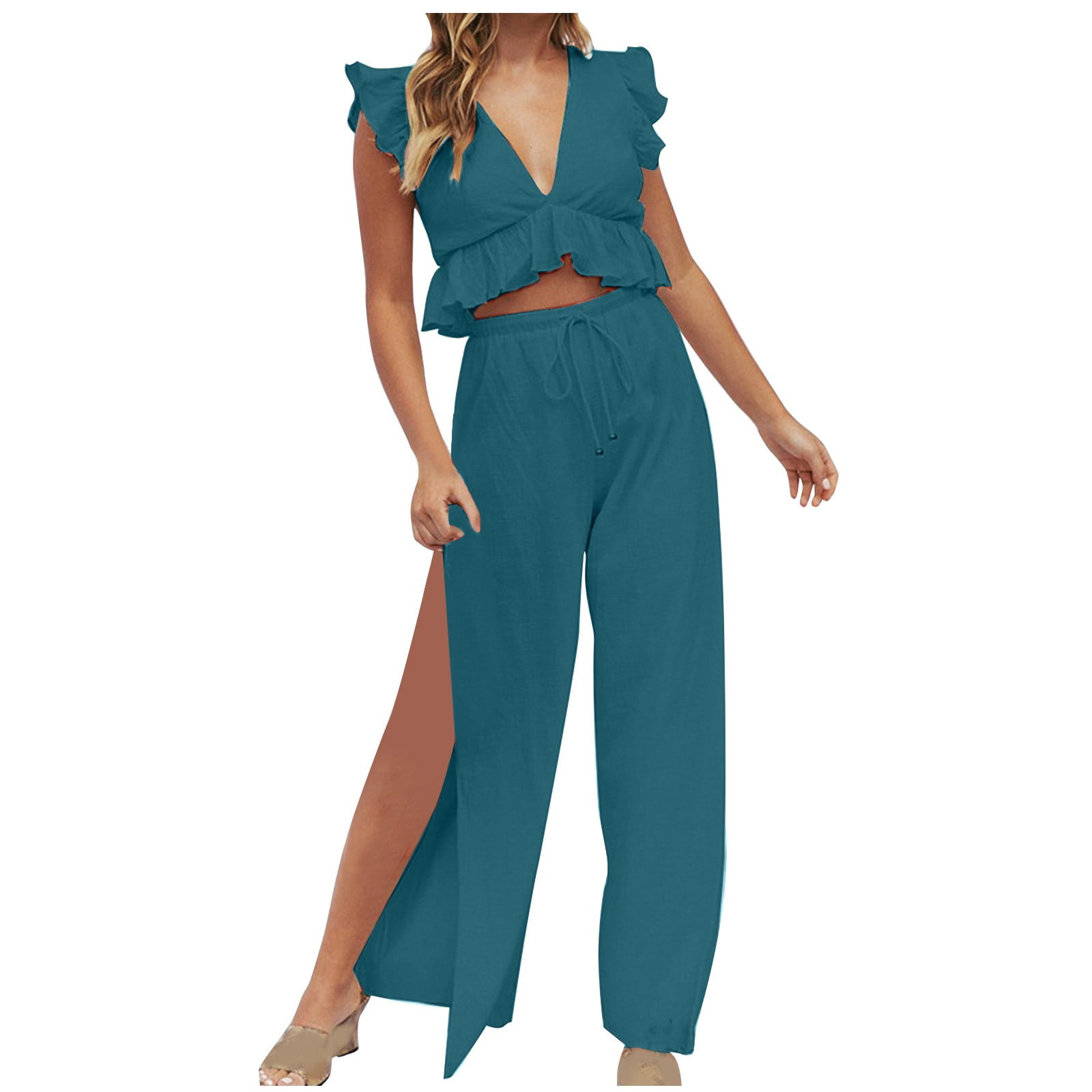 Dyegold 2 Piece Outfits for Women Deep V Neck Crop Top Side Slit ...