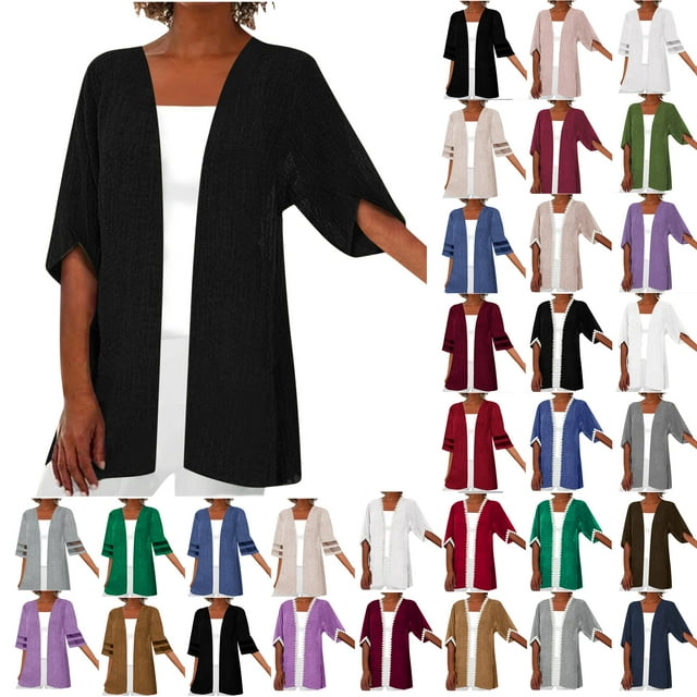 Dyegold Women's 3/4 Sleeve Lightweight Linen Cotton Cardigan, Casual ...