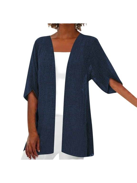 Dyegold Women's 3/4 Sleeve Lightweight Linen Cotton Cardigan - Casual ...