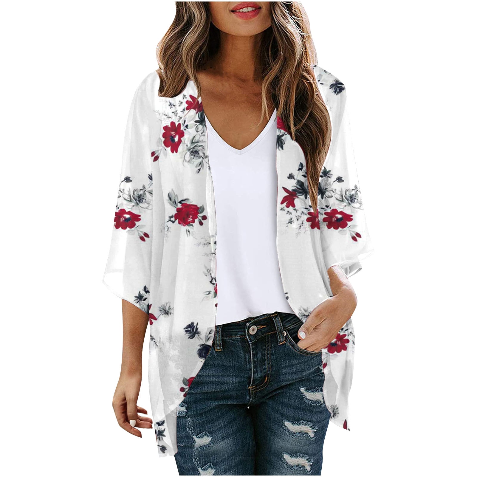 Dyegold Boho Floral Print 3/4 Sleeve Beach Chiffon, Cardigans, Kimonos ...