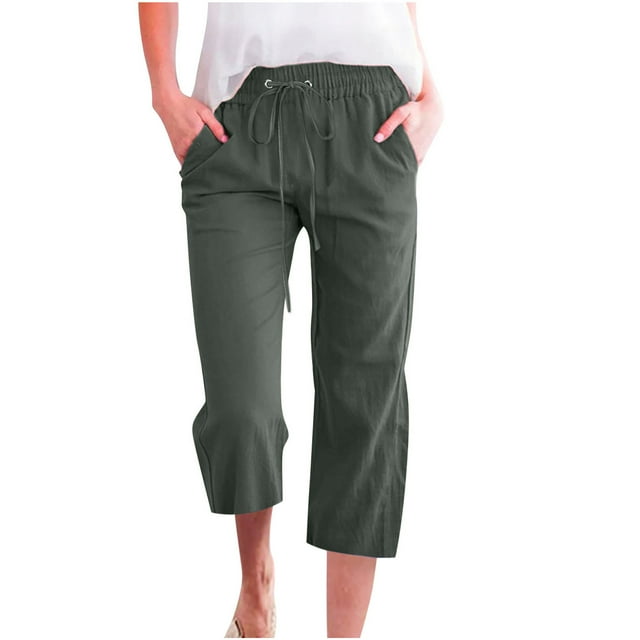 Dyegold Capris For Women Casual Summer Cotton Linen Cropped Pants