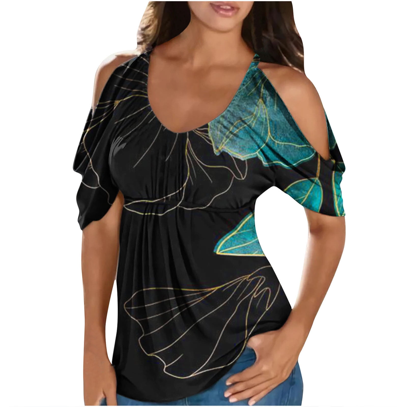 Dyegold Cold Shoulder Tops For Women Pleated Front Floral Print Short ...