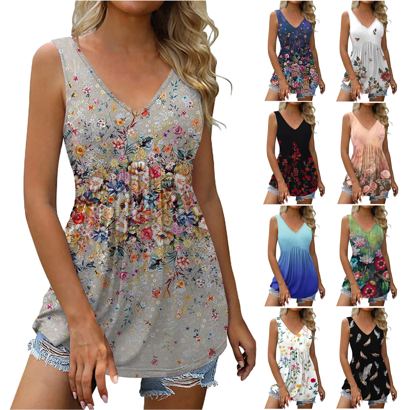 Dyegold Flowy Tank Tops For Women Sleeveless V-Neck Pleated Front Floral Printed Tunics Tops ...