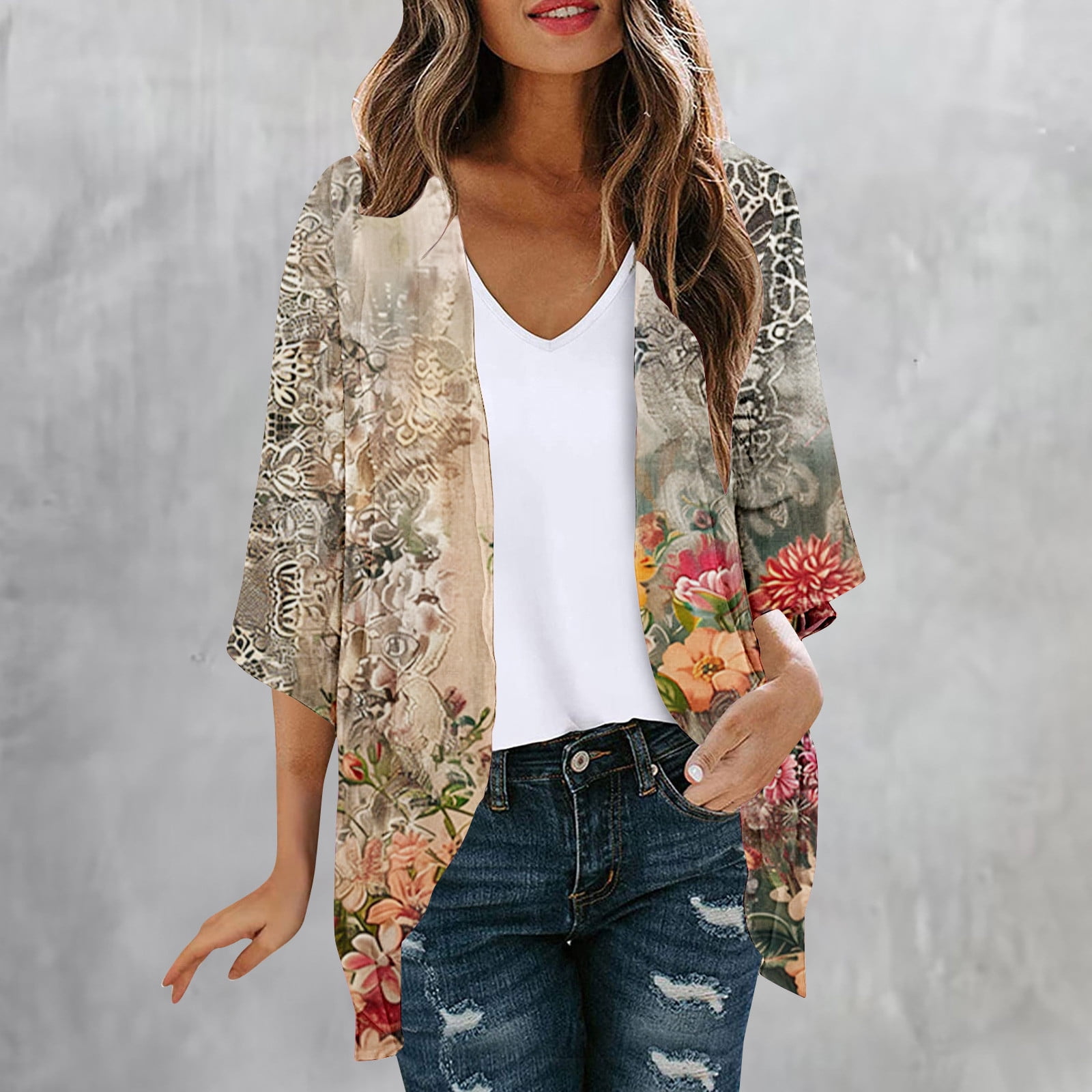 Dyegold Kimonos For Women Boho Floral Print Lightweight Cardigans 3/4 ...