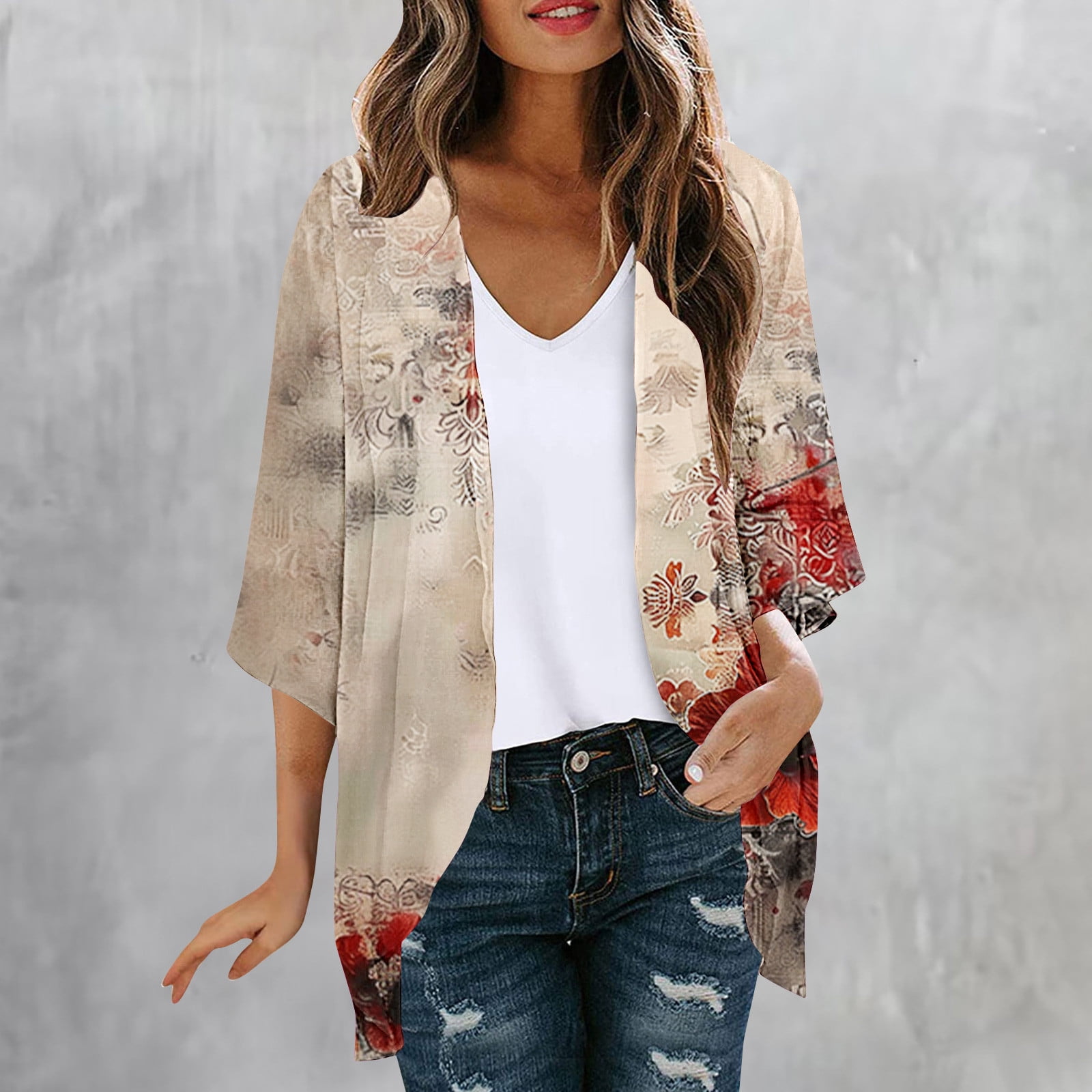 Dyegold Kimonos For Women Boho Floral Print Lightweight Cardigans 3/4 ...