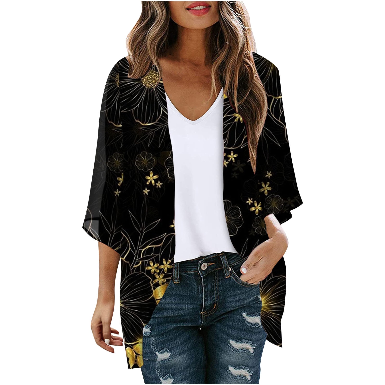 Dyegold Kimonos For Women Boho Floral Print Lightweight Cardigans 3/4 ...