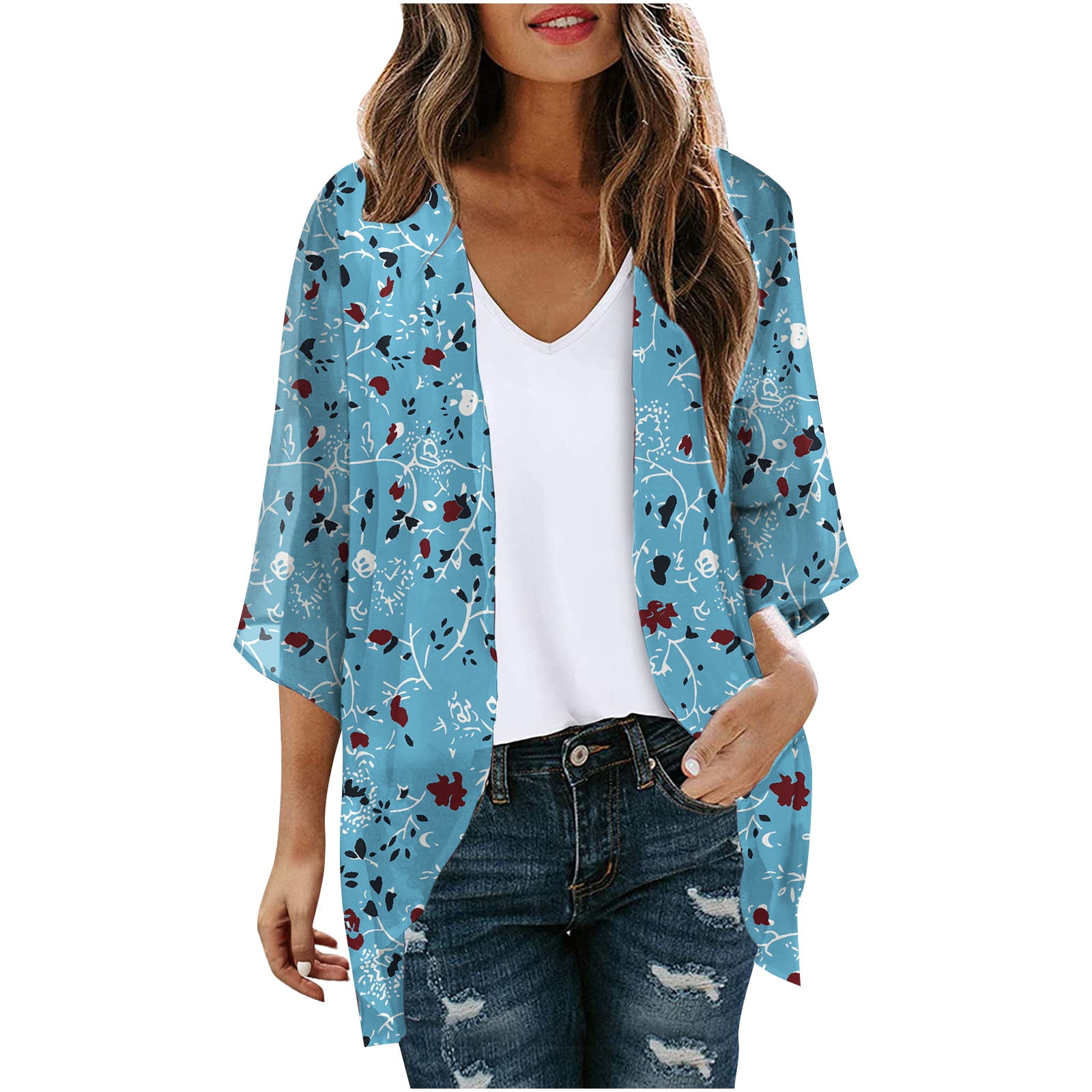 Dyegold Kimonos For Women Boho Floral Print Lightweight Cardigans 3/4 ...